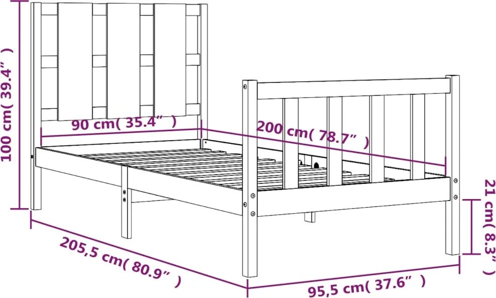 vidaXL Rám postele s čelem 90 x 200 cm masivní dřevo [3192217] Barva: Černá