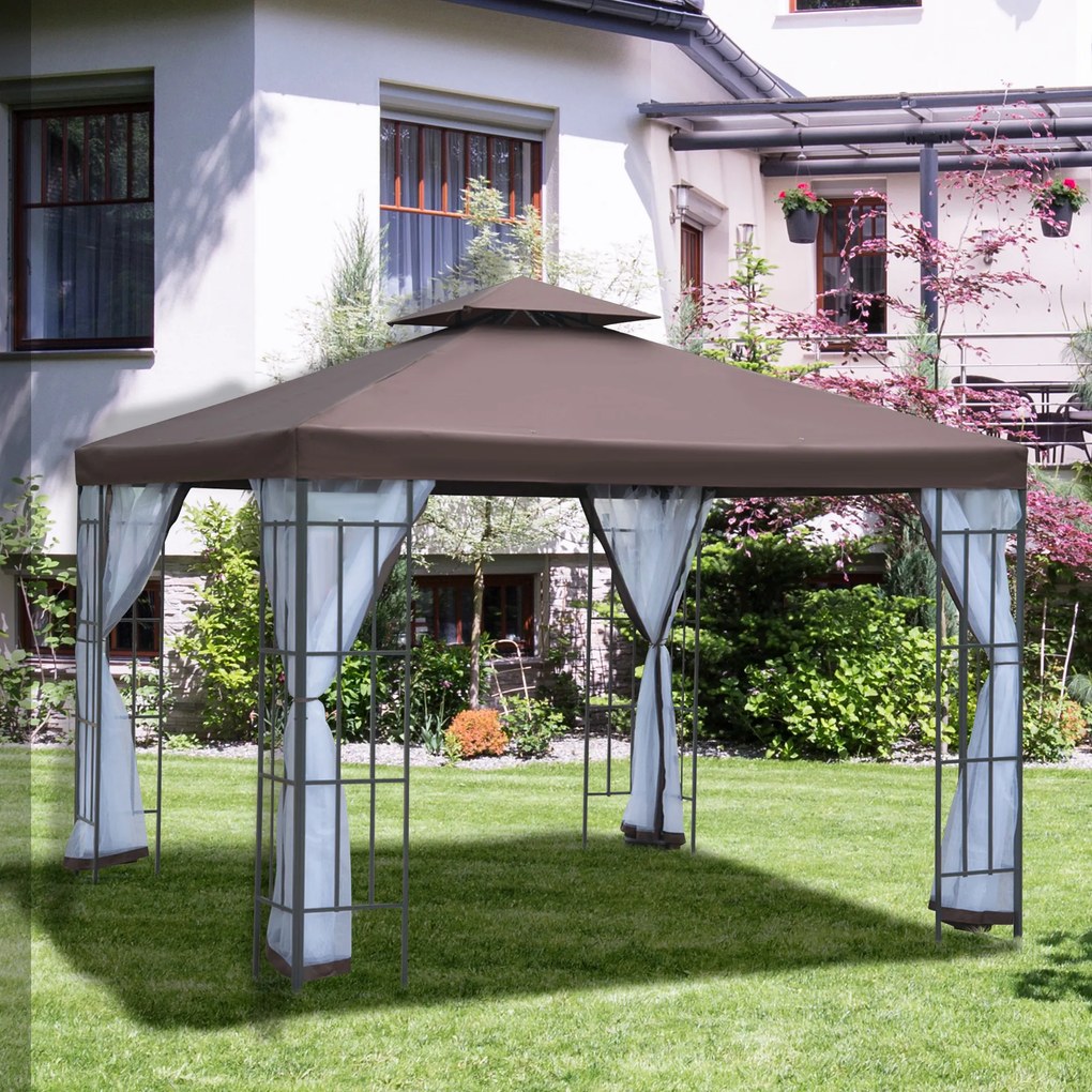Zahradní altán Outsunny s moskytiérou a bočními panely, party stan s dvojitou střechou, zahradní gazebo 2,97x2,97m
