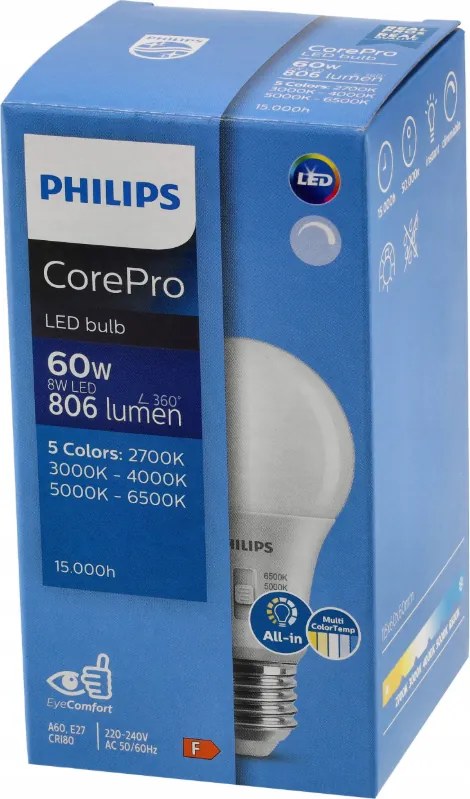 6x stmívatelná LED žárovka E27 8W 806lm 5CCT CorePro 2700K - 6500K