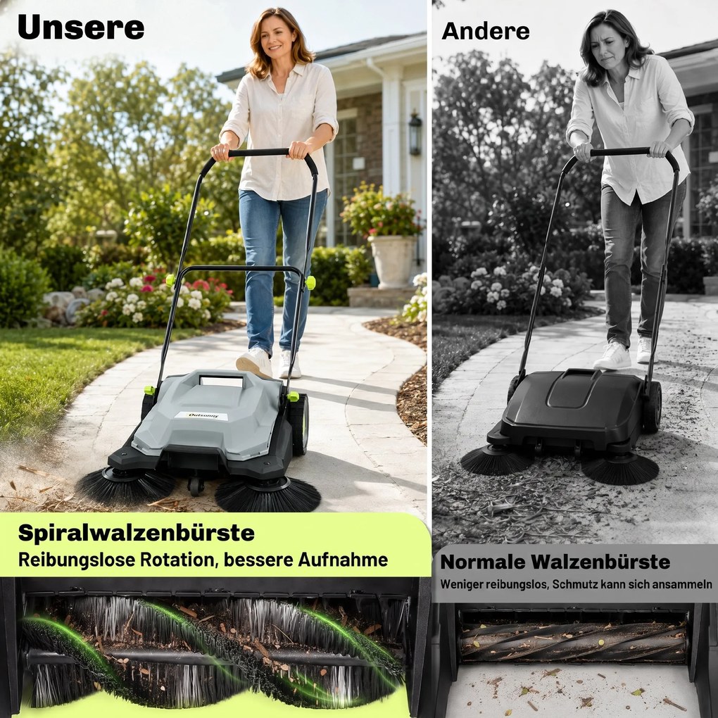 Outsunny ruční zametací stroj s pracovním záběrem 68 cm, 2600 m²/h, 24 L sběrný koš, výškově nastavitelná skládací rukojeť