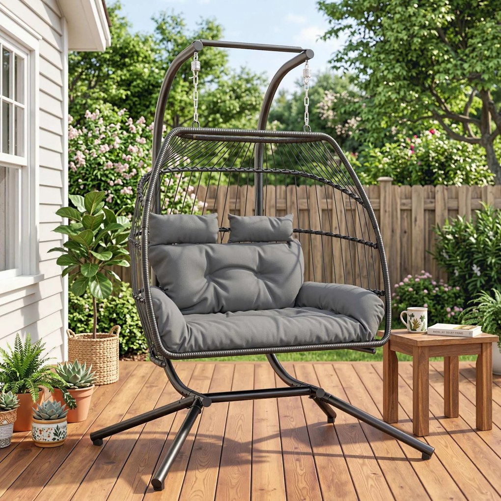 Outsunny závěsné křeslo s skládacím stojanem, závěsný košík s polštářem, ergonomické houpací křeslo z poly ratanového materiálu pro 2 osoby, závěsné …