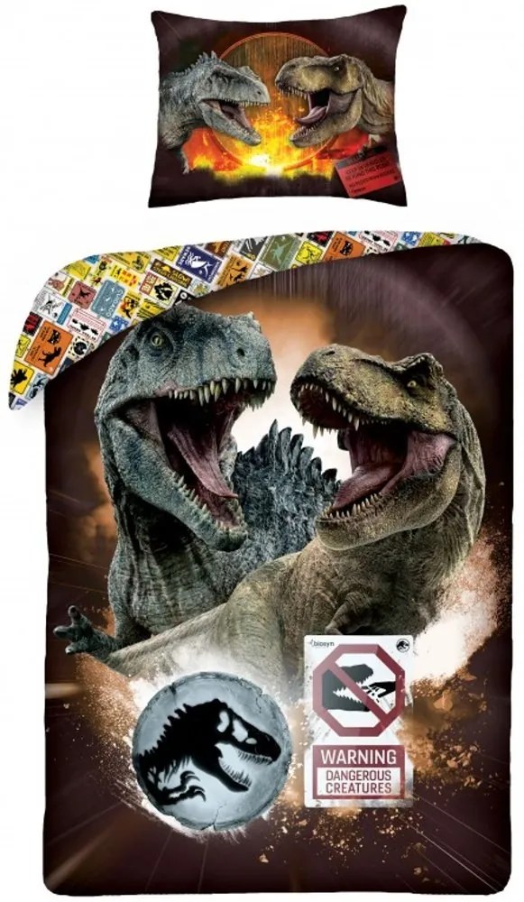 Bavlněné ložní povlečení Jurský park - motiv Souboj dinosaurů - 100% bavlna - 70 x 90 cm + 140 x 200 cm