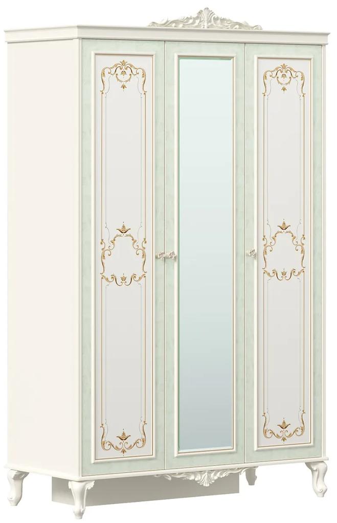 Třídveřová šatní skříň se zrcadlem Margaret - alabastr/zelená