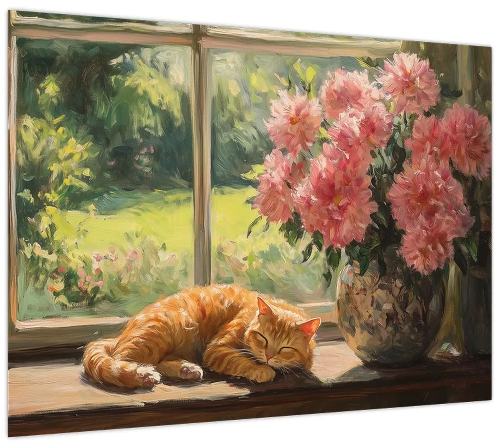 Skleněný obraz - Kočka na okně (70x50 cm)