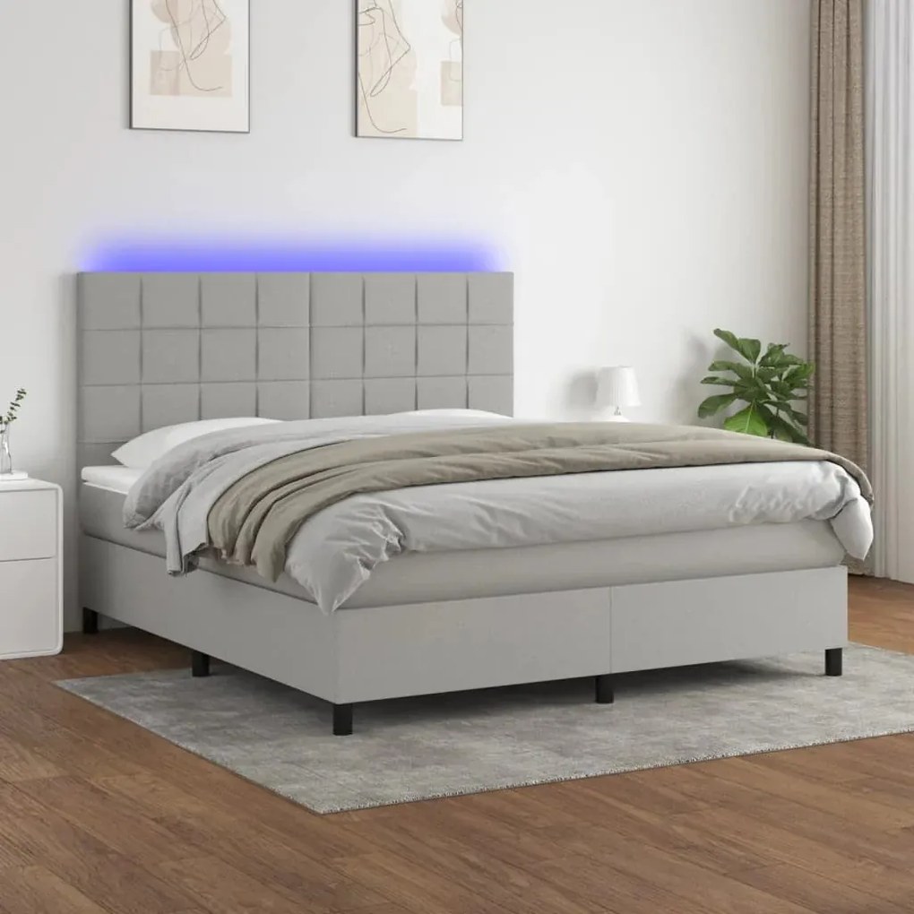 Box Spring Postel S Matrací A Led Textil Světle Šedá Blok se čtverci 160
