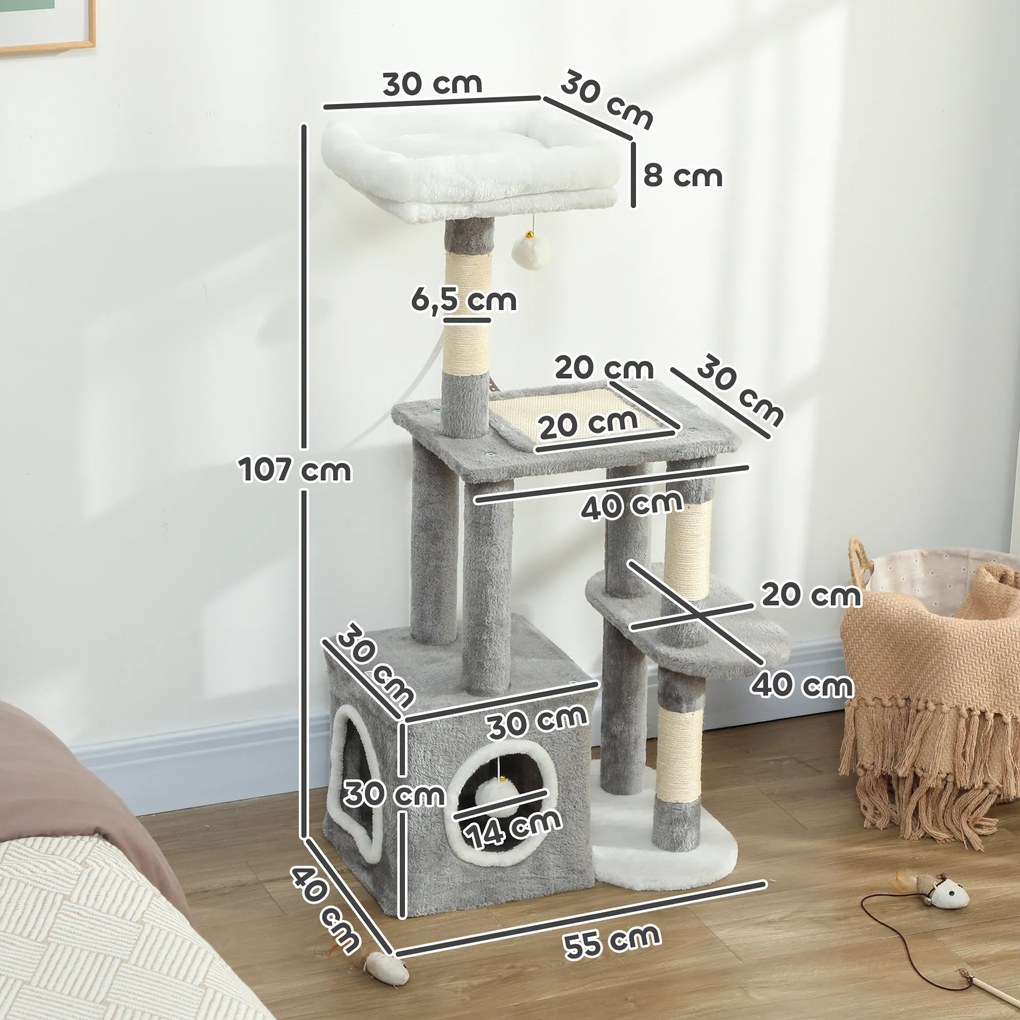 Škrabadlo 107 cm věž pro kočky s jeskyní, 2 plyšové podložky, sisalové sloupky, velká plošina, 55x40x107 cm, šedá barva