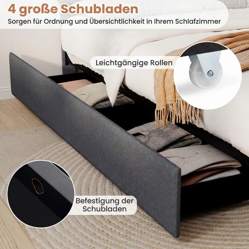 Costway Čalouněná postel s LED osvětlením Nabíjecí stanice (2 USB porty) Rám