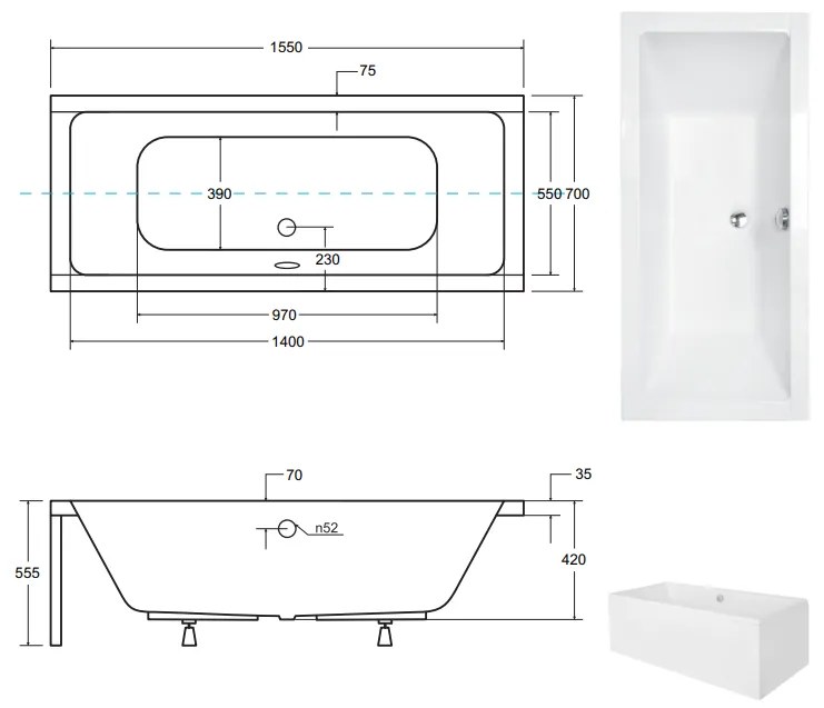 Besco Quadro Slim 155x70 akrylátová vana