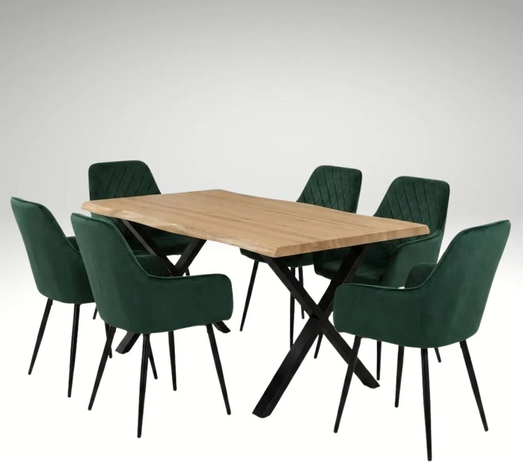 Vikio Jídelní set pro 6 osob 160x90 cm soft dub noha X zelená židle s područkami VJS226-6Z