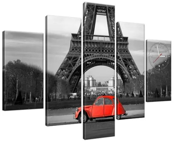 Obraz s hodinami Červené auto pod Eiffelovou věží 150x105cm ZP1116A_5H