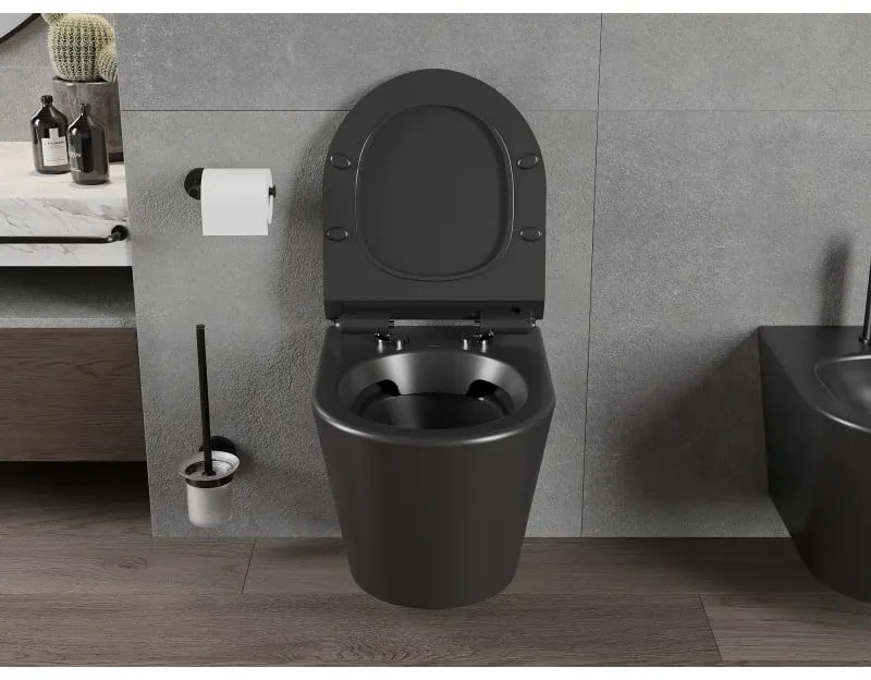 Mexen Rico závěsné wc Rimless s toaletním sedátkem Slim z duroplastu, černá matná - 30720185