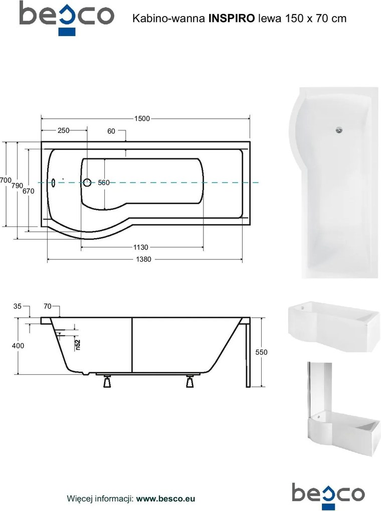 Besco INSPIRO 150 x 70 cm VANINSPIR150L+OLVPINOZ vana včetně vanové zástěny levá Koupelny Bernold