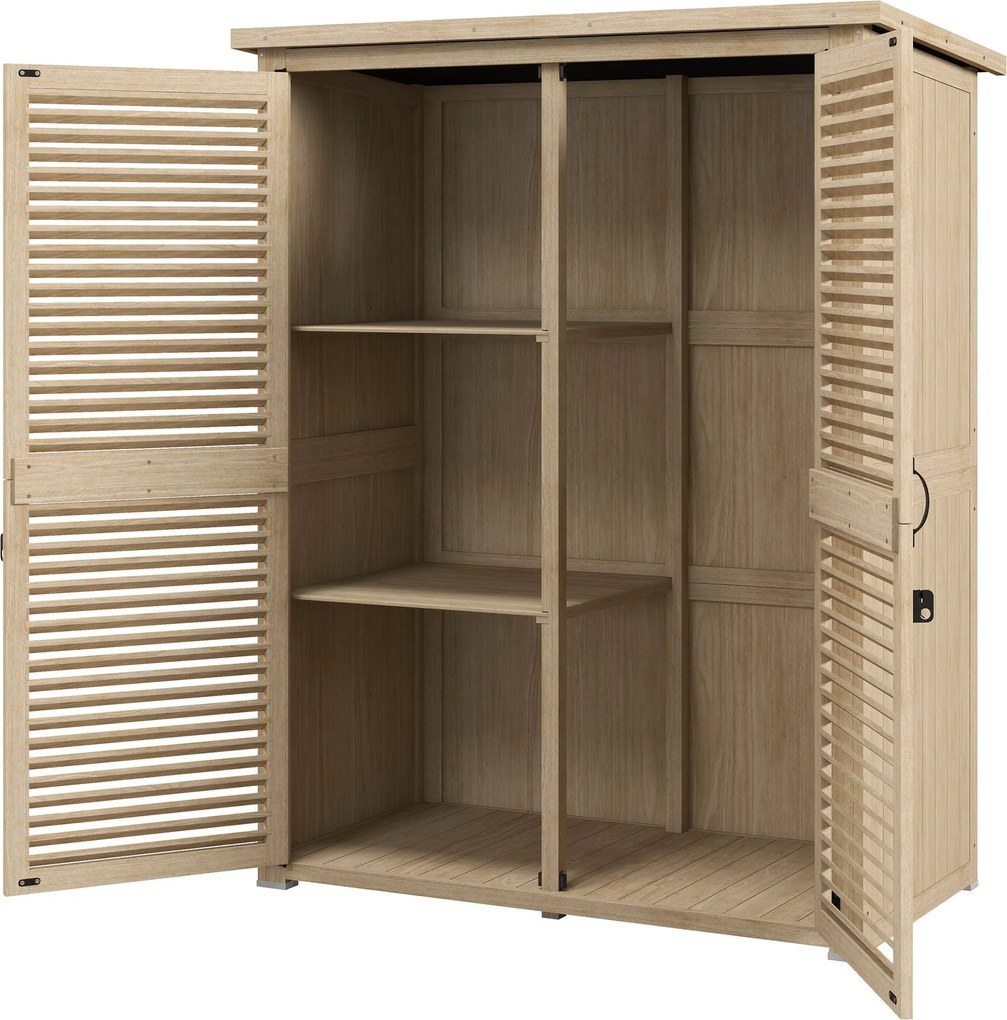 Outsunny Dřevěná Kůlna 0.83 m² 127x65x168 cm Exteriérový Dřevěný Kroužek se 2 Závěsnými Dveřmi, 2 Policemi, 2 Rukojeťmi a Voděodolnou Stříškou pro Zah