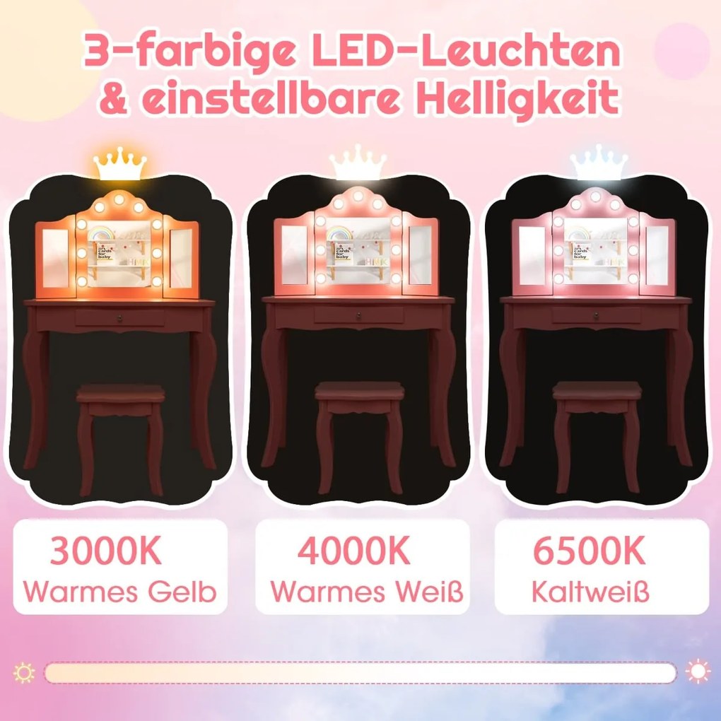 Costway Dětský toaletní stolek 2 v 1 s LED světly a skládacím zrcadlem