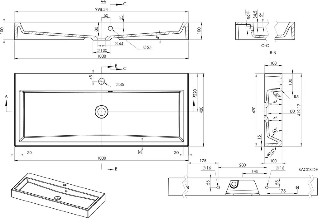 Sapho Orinoko OR100 umyvadlo 100 x 42 cm litý mramor