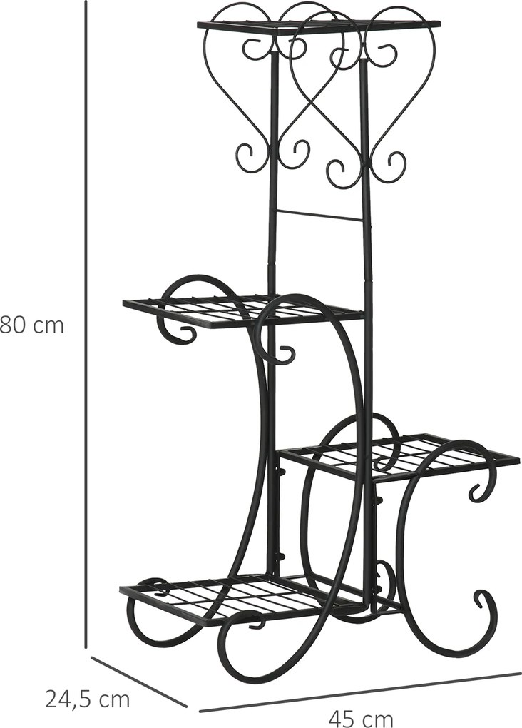 Outsunny Metalový Stojan na Květiny 4 Úrovně - Stojan pro Květiny na Balkon a do Zahrady, Černý 45 x 24,5 x 80 cm