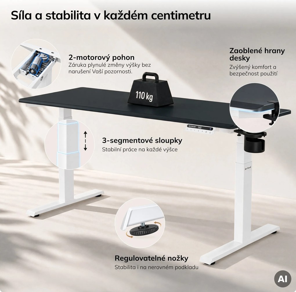 Elektrický stůl s nastavitelnou výškou ergonomický bílo-antracitový,1600x800 mm: ARIA