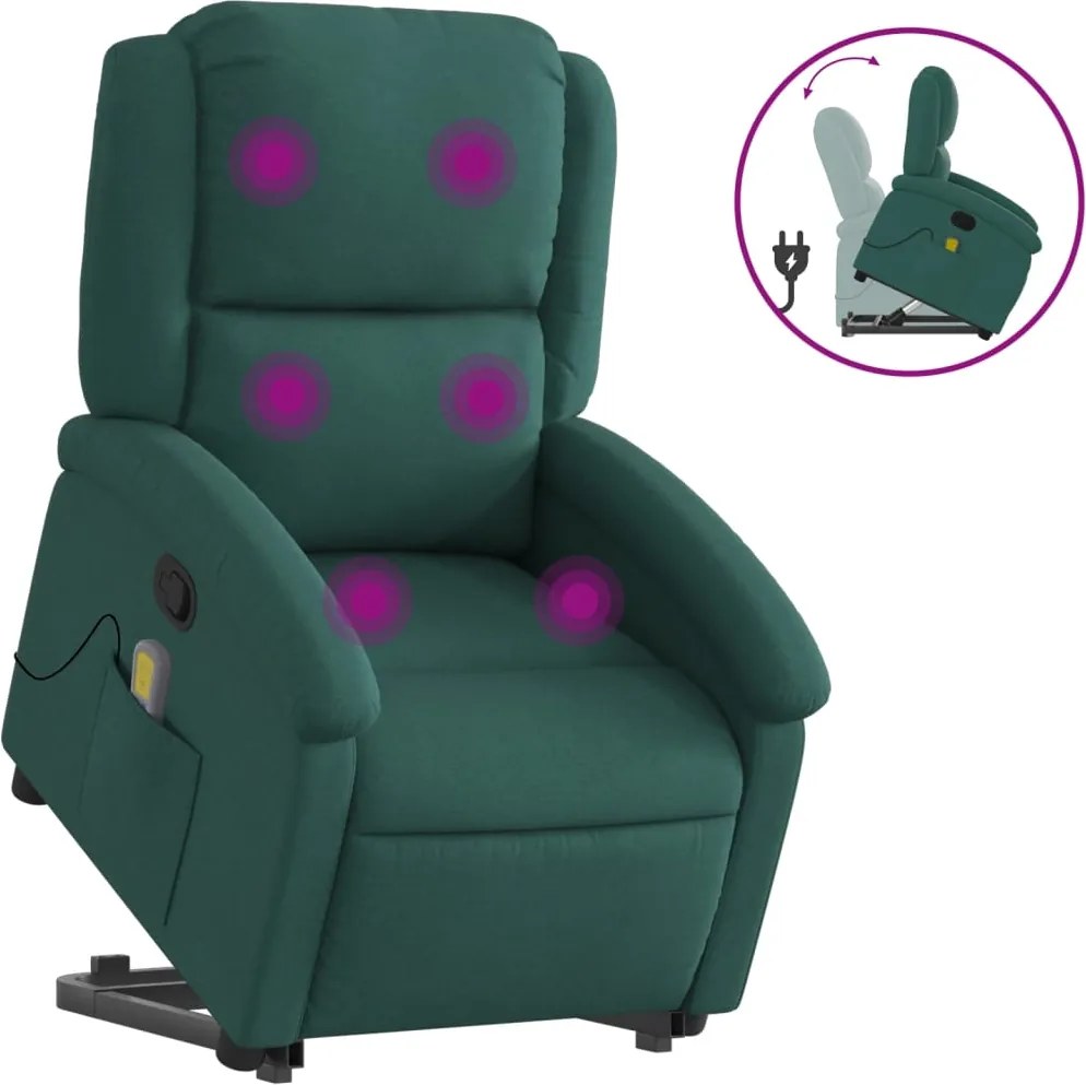 Zvedací masážní polohovací křeslo tmavě zelené textil 3204182