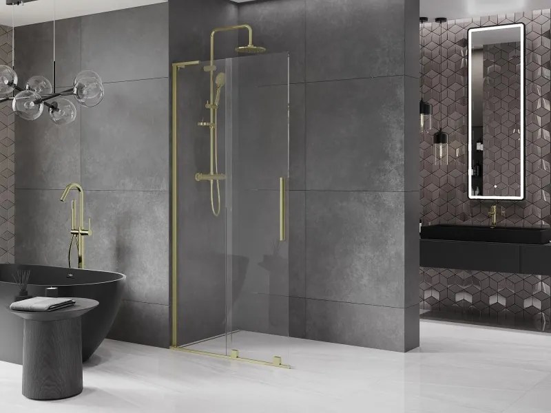 Mexen Velar L, posuvná sprchová zástěna Walk-in 100 x 200 cm, 8mm čiré sklo, zlatá matná, 871-100-003-03-55