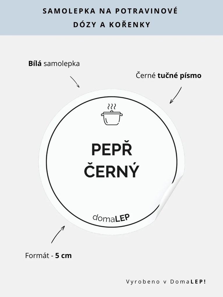 Samolepka na kořenky PEPŘ ČERNÝ bílá 5 cm tučné písmo
