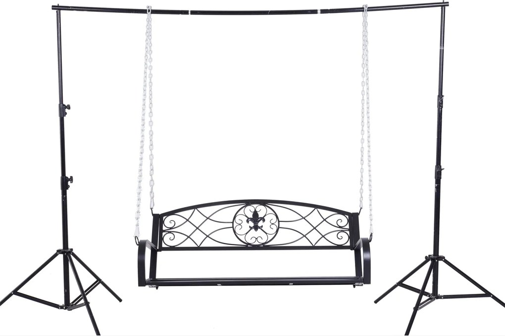 Houpací lavice Outsunny pro 2 osoby - zahradní houpací lavice Hollywood s řetězy, kovová černá 132 x 63 x 58 cm | Aosom