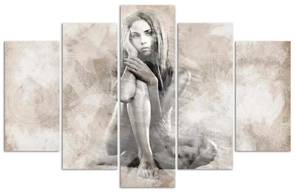 Obraz na plátně pětidílný Ženský nahý béžový - 150x100 cm