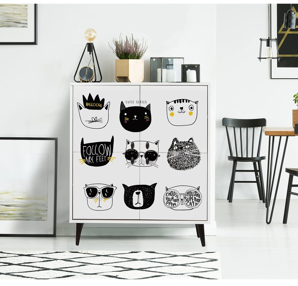 KALUNE DESIGN dřevěná komoda CATS bílá 111x95 cm 869VEL3986