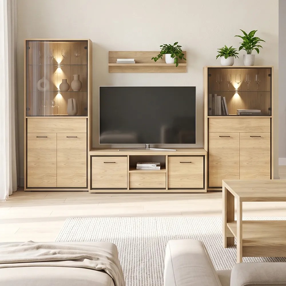 Obývací stěna s komodou MEDIOLAN | 323,5 + 177 cm + konferenční stolek 65x65 cm | 7 dílů | natural hikora