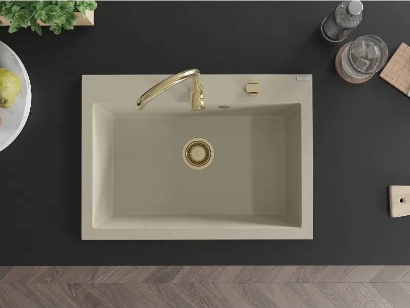 Mexen Elix granitový dřez 1-komorový 700 x 500 mm, béžový, sifon zlatý - 6526701005-69-G