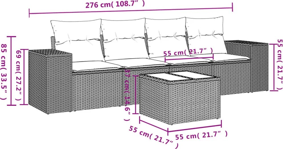 vidaXL 5dílná zahradní sedací souprava s poduškami polyratan [3222284] Barva: Šedá