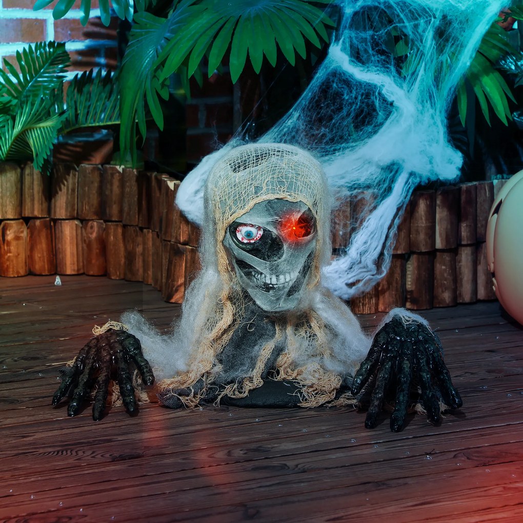 HOMCOM Halloween dekorace, jednooká mumie, ohybatelné paže, svítící oči, strašidelný skřek, 55 x 18 x 35 cm