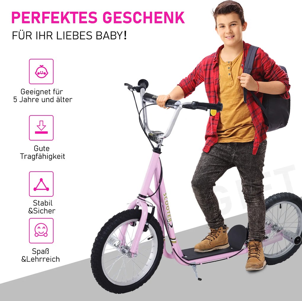 Dětská koloběžka HOMCOM 16" s pneumatikami, výškově nastavitelná koloběžka v růžové barvě pro děti od 5 let, stabilní a bezpečná