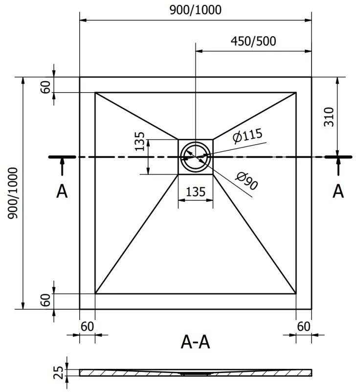 Mexen Stone+ kompozitní čtvercová sprchová vana 90 x 90 cm, Černá - 44709090