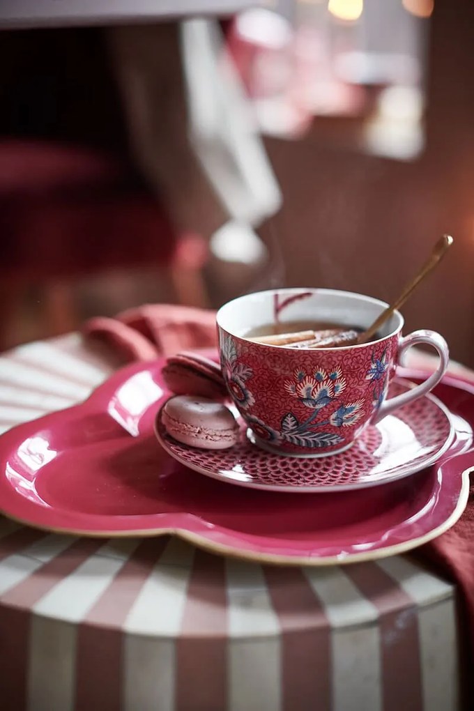Pip Studio Flower Festival sada 2 cappuccino šálků s podšálky, tmavě růžová (sada cappuccino hrnečků v dárkové krabičce)