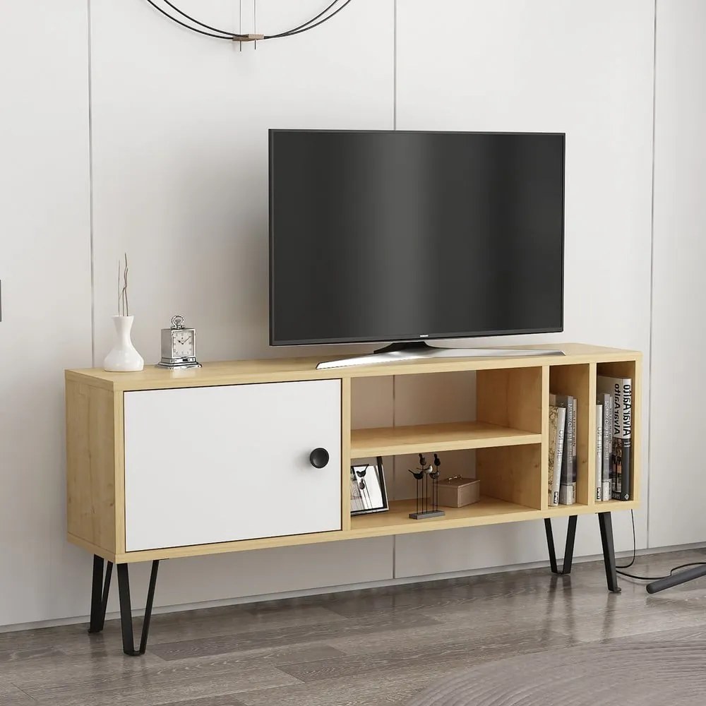 Bílý/přírodní TV stolek v dekoru dubu 120x52 cm Arven – Kalune Design