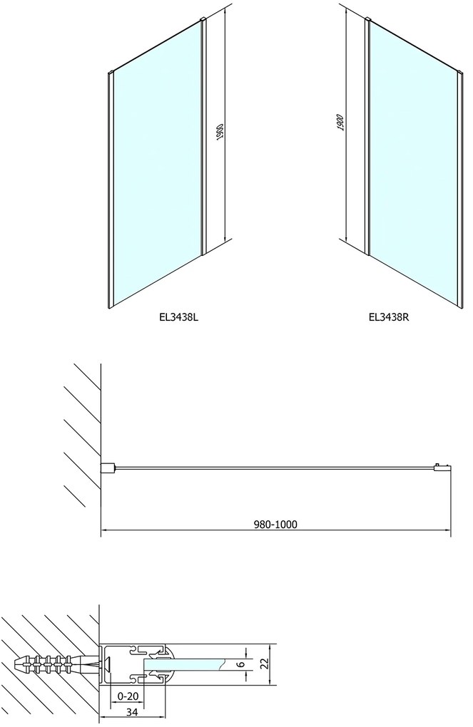 Polysan EASY LINE boční stěna 1000mm, sklo BRICK, EL3438