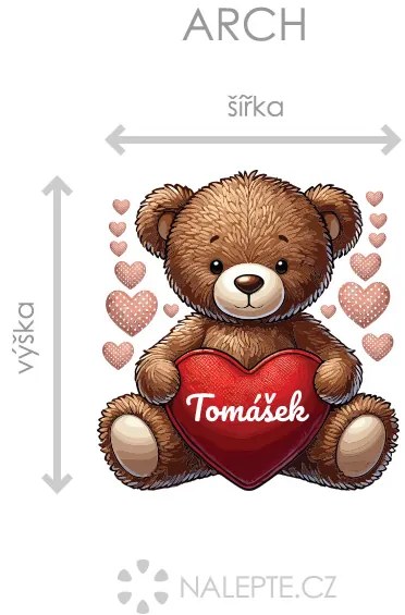 Medvídek se srdíčkem a jménem samolepky na zeď arch 71 x 75 cm