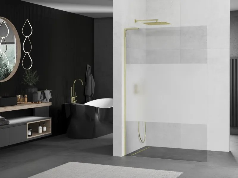 Mexen Kioto L, sprchová zástěna Walk-In 90 x 200 cm, 8mm čiré sklo-námraza, zlatý lesklý profil, 800-090-103-50-35
