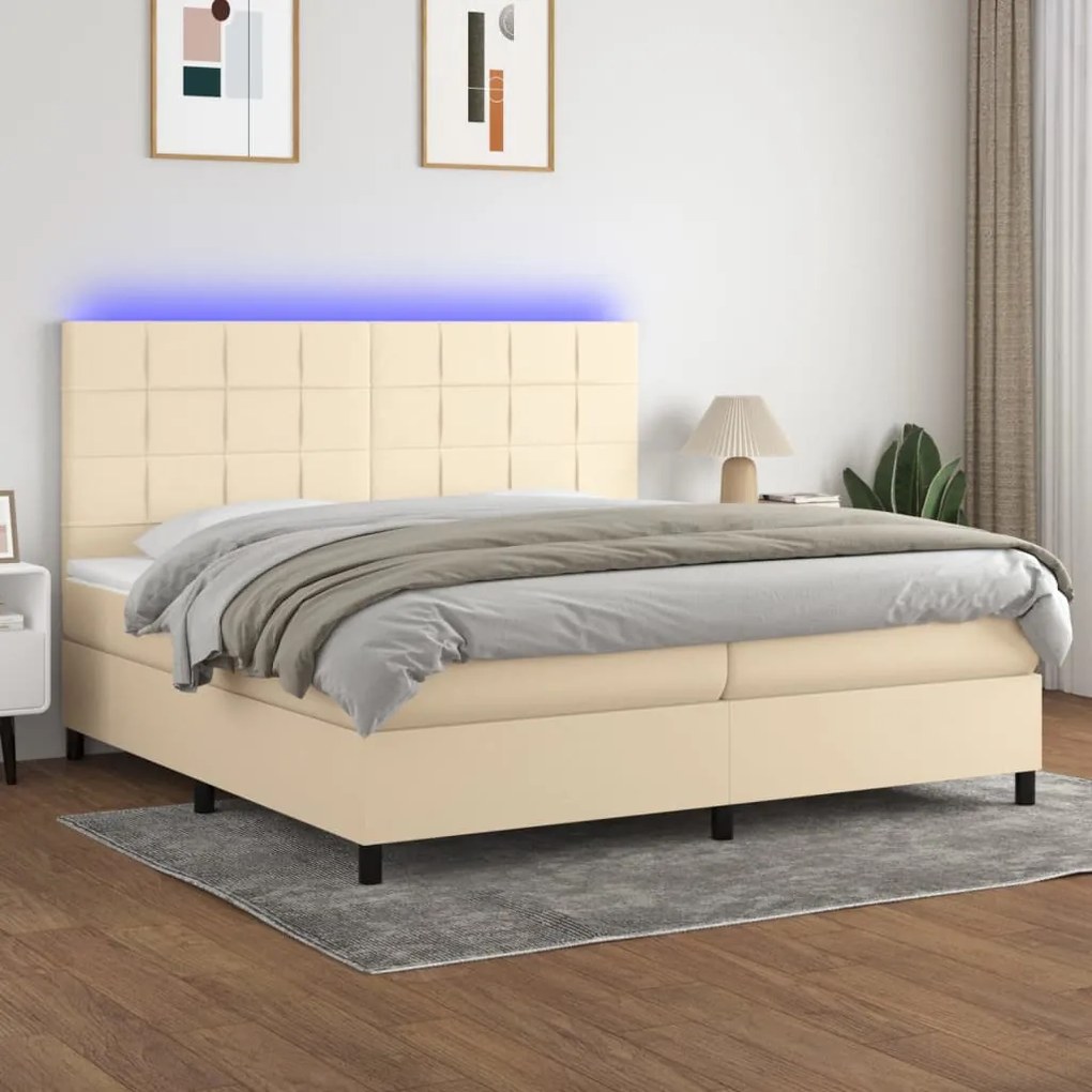 Box spring postel s matrací a LED krémová 200x200 cm textil