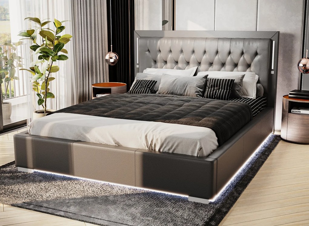 K&M postele Boxspring postel RELINA s úložným prostorem a LED a USB Velikost postele: 200 × 200 cm, Výběr matrace: Oboustranná pružinová matrace - st…