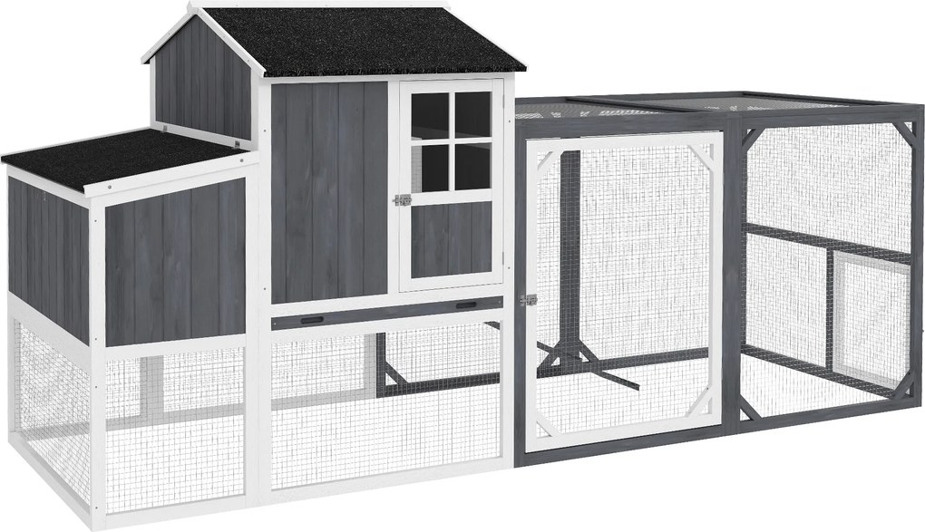 PawHut kurník pro slepice, 236,5 x 91 x 114 cm, výběh pro slepice s hnízdem, venkovní výběh, dřevěný kurník se 2 hřady, voděodolný nátěr, pro 3-4 sle…