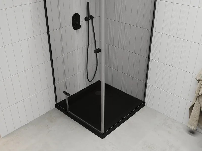Mexen Roma, sprchový kout s 1-křídlými dveřmi 90 (dveře) x 90 (stěna) cm, 6mm čiré sklo, černý profil, slim sprchová vanička 5cm černá s černým sifonem, 854-090-090-70-00-4070B