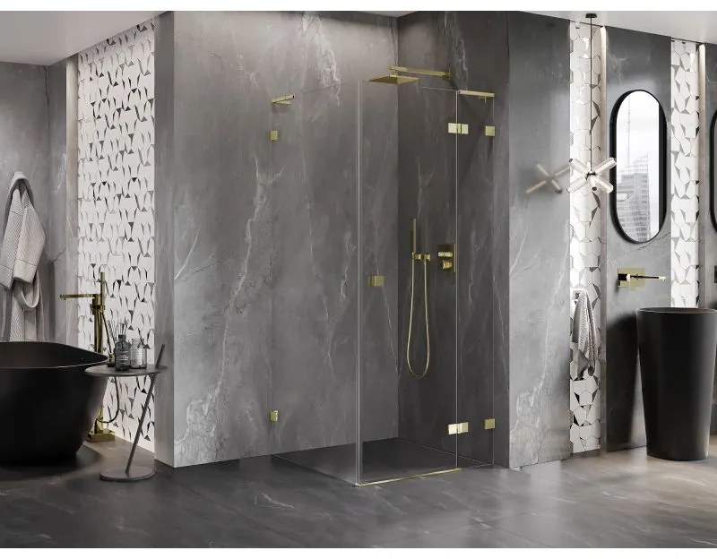 Mexen Lunar, L výklopný sprchový kout pravý 70 x 70 cm, 8mm čiré sklo, zlatý profil, 834L-070-070-50-00-P