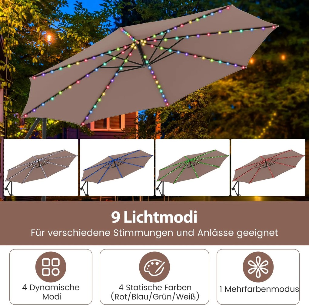 Costway 300 cm slunečník s LED osvětlením 9 Modes s pytli s pískem