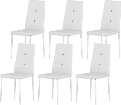 HOMCOM sada 6 jídelních židlí s PU potahem, vysoké opěradlo s křišťálovými knoflíky a kovovými nohami, moderní design, bílá