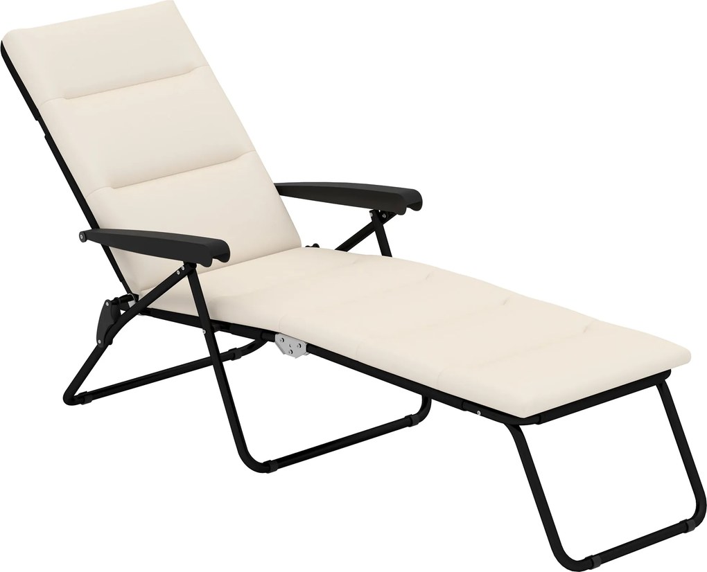 Outsunny Skládací Slunečný Lehátko s 6 Polohami Vysoké Pohodlí s Matrací + Područky Ocel Polyester Krémová | Aosom