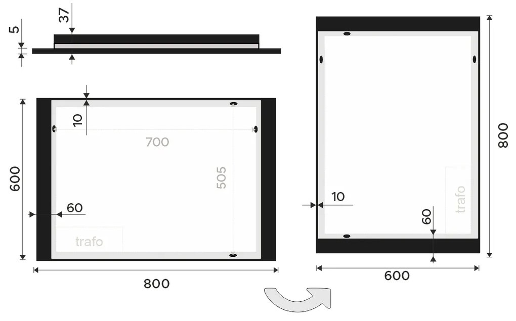 Černé zrcadlo do koupelny 80x60 s osvětlením a černým rámem NIMCO ZPC 41003-90