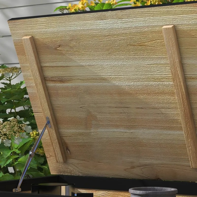 PEPU Zahradní úložný box 121 litrů 2 kolečka odolný vůči povětrnostním vlivům kovový rám přírodní dřevo 100x50x43cm