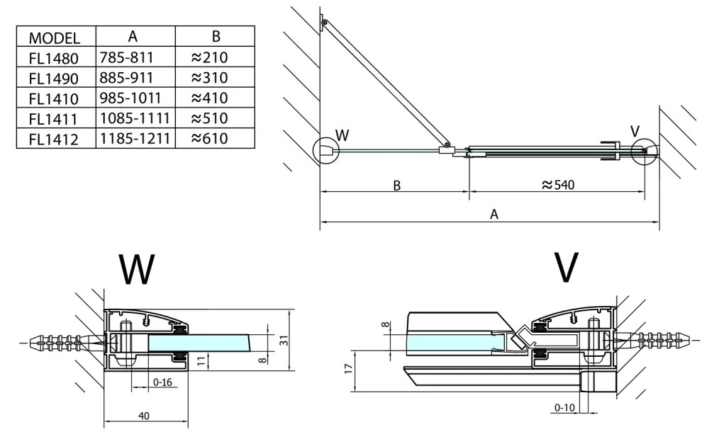 Polysan FORTIS LINE sprchové dveře do niky 1000mm, čiré sklo, levé FL1410L