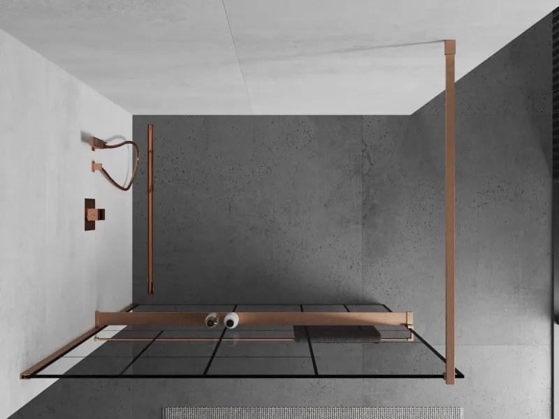 Mexen Kioto+, sprchová zástěna Walk-In s poličkou a věšákem 100 x 200 cm, 8mm čiré sklo černý vzor, ​​měděný matný profil, 800-100-121-65-78